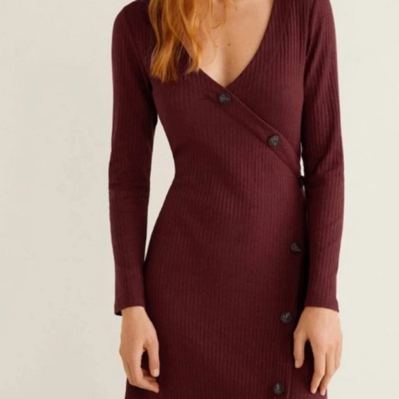 Mango | Dresses | Mango Long Sleeve Maroon Knit Dress Ribbed Knit Midi ...